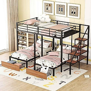 ATY L-Shaped Triple Bunk Beds with 2 Drawers, Full Over Twin & Twin Bunkbeds w/Storage Staircase, Metal Bedframe for 3 People, Save Space, Bedroom & Dorm Supplies, No Spring Required Needed, Black