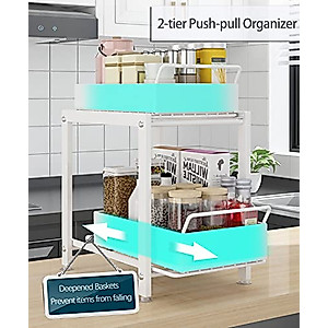 Metal Under Sink Organizers and Storage for Kitchen Undersink Organizers for Bathroom 2 Tier Pull-out Sliding Drawers Undersink Cabinet Organizer with Anti-rust Coating Handles White