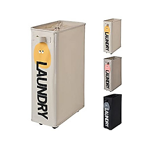 ECOWAN LIVING 48L Slim Laundry Basket with Wheels, Rolling Foldable Laundry Hamper, Narrow Corner Dirty Clothes Hamper, Collapsible Laundry Bin, Thin, Tall, Waterproof (Beige)