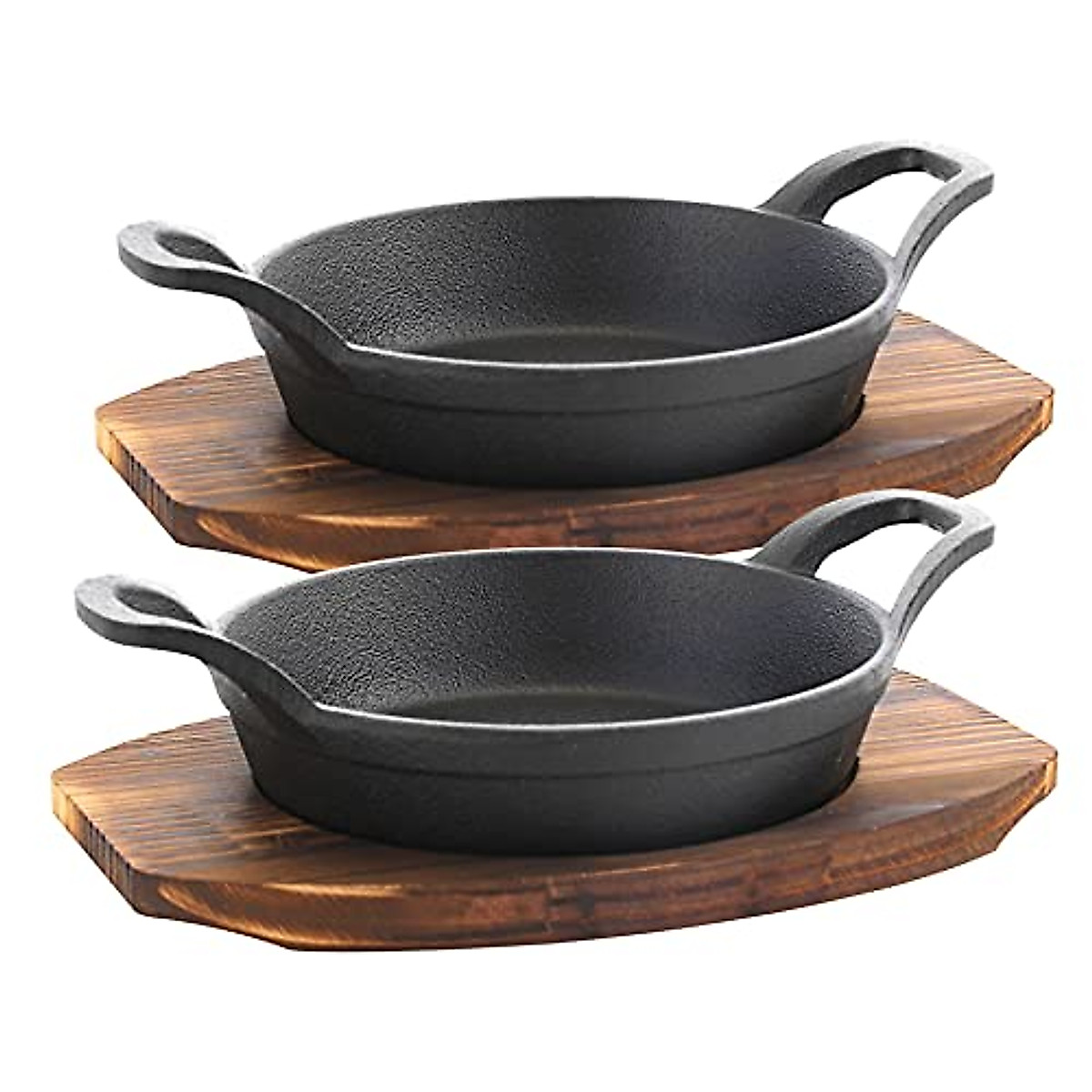 Bruntmor Mini Cast Iron Sizzler Plates Skillet Set Of 4. Round Fajita Plate With Wooden Base/Pan Tray Serving Sizzling Dish And Fajitas, Hot Steak Skillet Dish Without Sinking (2 Sets)