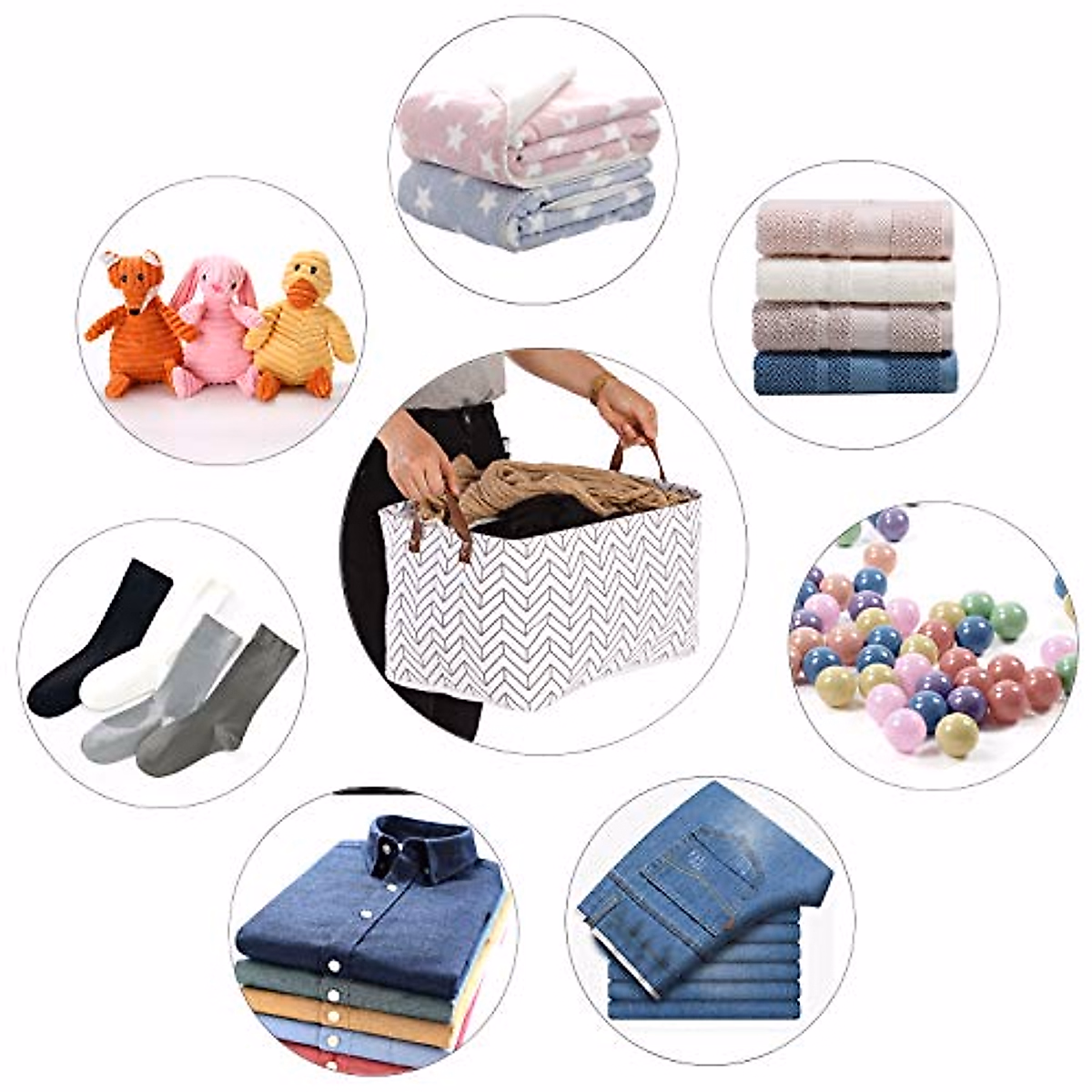 Sea Team Modern Arrowhead Pattern Canvas Fabric Storage Basket Collapsible Geometric Design Storage Bin with Drawstring Cover and PU Leather Handles, 16.5 by 11.8 inches, Waterproof Inner, Grey