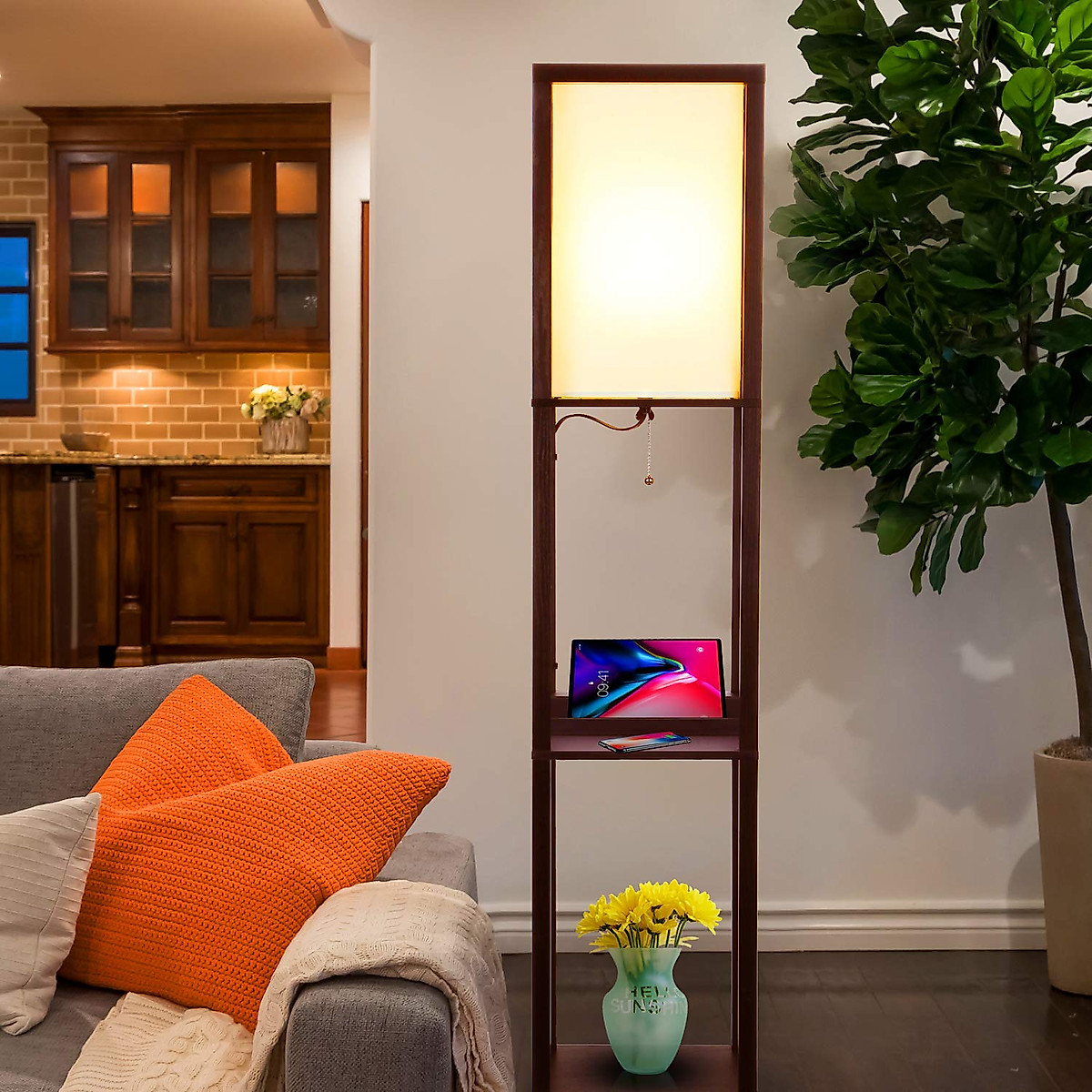 Brightech Maxwell – Modern Shelf Floor Lamp with USB Ports, Wireless Charging & Outlet – Versatile Corner Display and Lamp with Shelves, Storage Solution for Living Room, Office, Bedroom