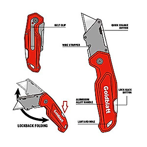 Goldblatt Folding Utility Knife, Quick Change Blade Mechanism & Aluminum Alloy Handle with 10-piece Extra Blades, Pocket Size