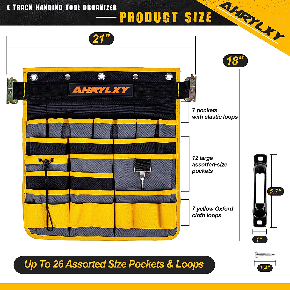 AHRYLXY 2 Pack E-Track Hanging Tool Organizer, E Track Wall Hanging Pocket Tool Holder, E-Track Accessories for Enclosed Trailer, Garage Warehouse and Workshop, Wall Mount Multi Pockets Tool Organizer