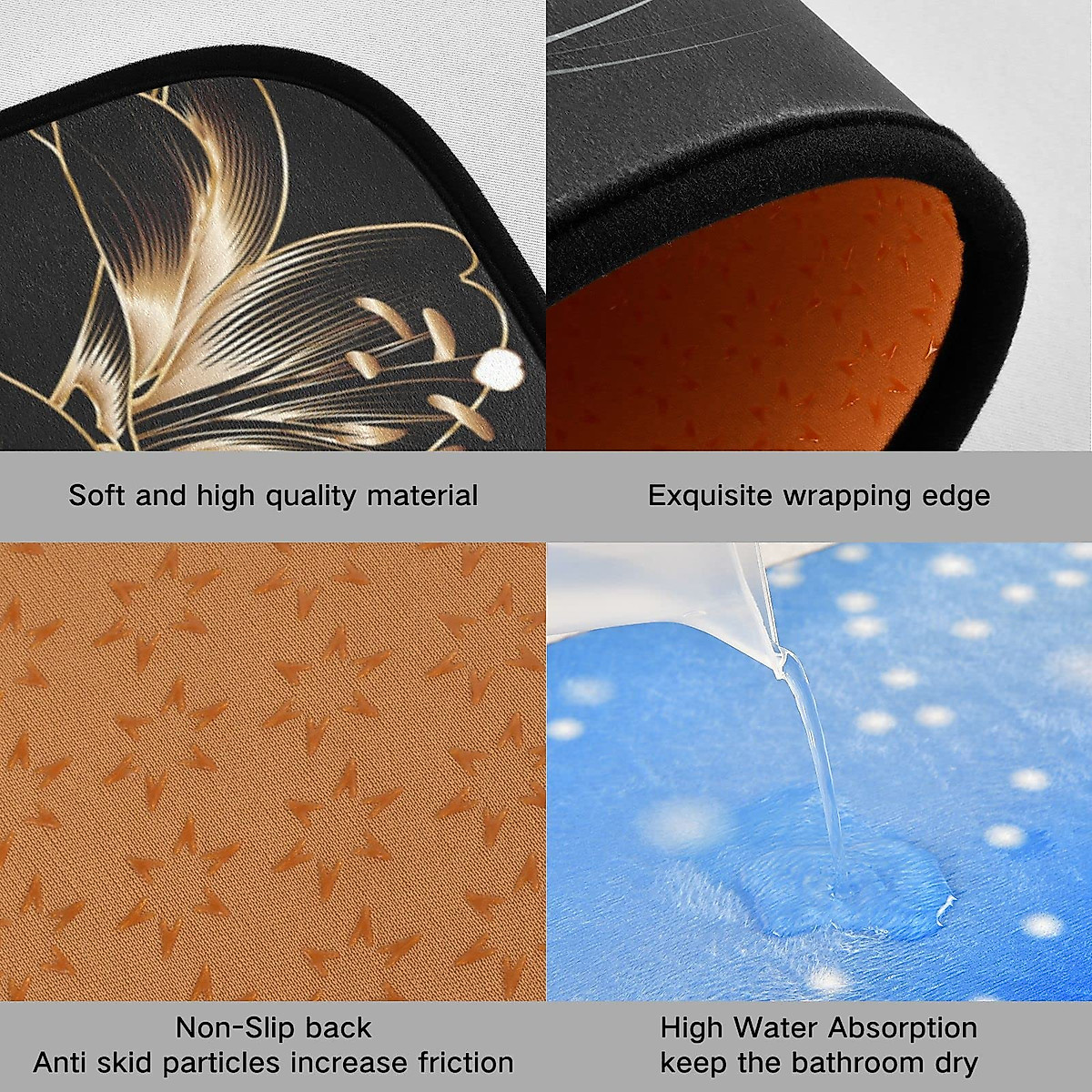 Kigai Kitchen Rugs 2 Piece Waterproof Non Slip Kitchen Mat Black Flower Kitchen Rug Set for Sink Office Kitchen Cafe, 19.7"x47.2"+19.7"x27.6"