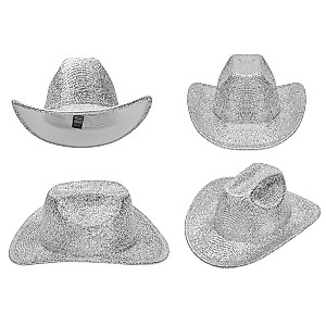 Silver Space Cowboy Hat - Sparkly Glitter Holographic Cowgirl Hat Rave Hat for Bachlorette Party Halloween(M)