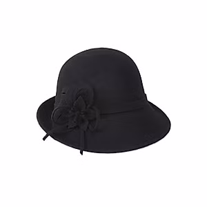 BABEYOND Womens 1920s Bucket Cloche Hat Gatsby Winter Wool Crushable Bowler Hat Vintage Cloche Round Hat with Flower Accent (Black)