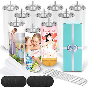 D·S 10 Pack Sublimation Tumblers Bulk 20 oz Skinny Straight Flat Bottom Blank Tumbler Cups with Individual Gift Boxed for Heat Transfer DIY Craft