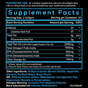 (3 Pack) Smarter Omega 3 Fish Oil, Berry Flavor, Burpless, Tasteless, 2000mg, DHA EPA Triple Strength Brain, Joint and Heart Support, Made with AlaskOmega®