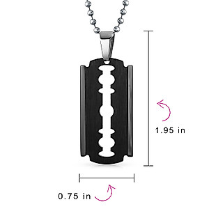 Bling Jewelry Personalize Hip Hop Biker Punk Rock Large Razor Blade Dog Tag Pendant Necklace for Men Black Stainless Steel 20 Inch Ball Chain Customizable