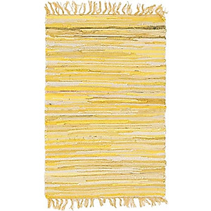 Rugs.com Chindi Cotton Collection Rug – 2' x 3' Yellow Flatweave Rug Perfect for Living Rooms, Large Dining Rooms, Open Floorplans