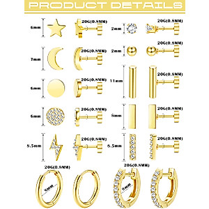 FASACCO 12Pairs Flat Back Earrings for Women Men Hypoallergenic 14K Gold Plated Stainless Steel Flatback Stud Small Huggie Hoop Earrings 20G Tiny Gold Stud Earring Sets for Multiple PIercing Gold