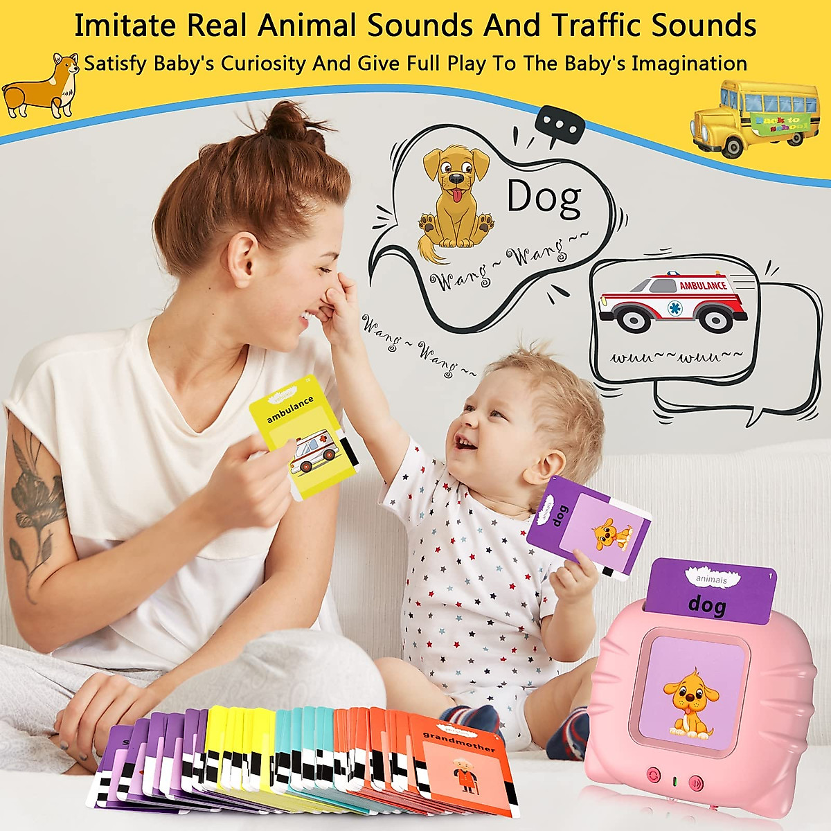 Toddler Toy Flash Cards Learning Toy for 1-6-Year-Old, Educational Toys for Toddler,112 Pcs Flash Cards 224 Words, Speech Therapy Toys for Toddlers Preschool Learning Toys and Gift(Pink)