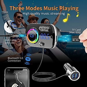 Bluetooth Car Adapter, Wireless Bluetooth 5.0 FM Transmitter for Car, QC 3.0 Fast Car Charger, MP3 Music Player Hand-Free Call 7 Colors LED Backlit Dual USB Ports TF Card AUX