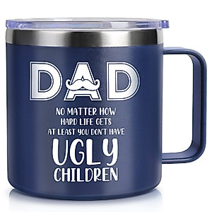 Frerdui Father Gifts Dad Insulated Tumbler Mug with Handle & Lid from Daughter Son Wife, Birthday Coffee Cup Presents, Best Ever, Husband, Men, Father-in-Law, Funny Retirement Gift - 14oz, Navy