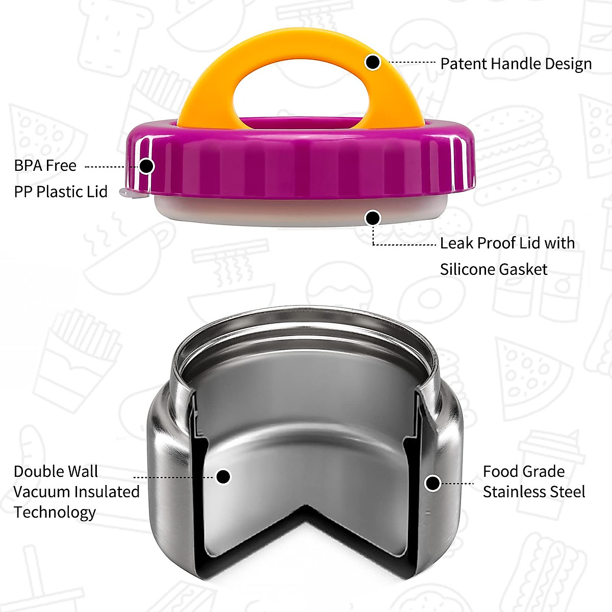 MAISON HUIS 8oz Soup Thermo Wide Mouth Vacuum Insulated Thermo Food Jar, Leak Proof Stainless Steel Food Thermo for Hot&Cold Food Kids Food Lunch Soup Container for School Travel(Purple)