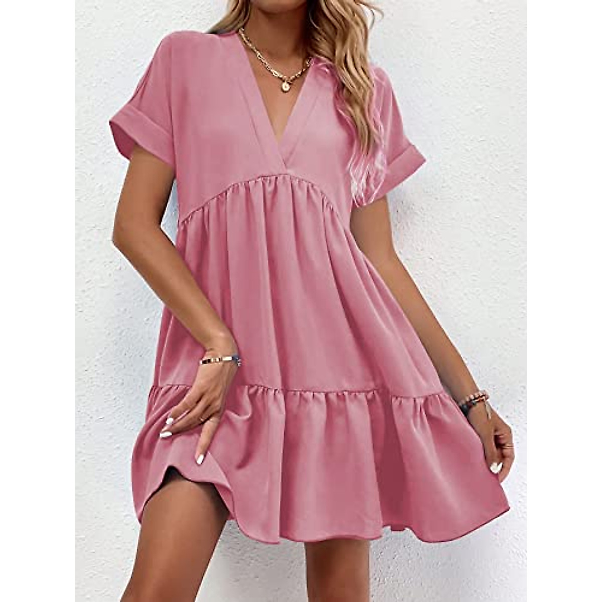 WDIRARA Women's Roll Up Short Sleeve V Neck Ruffle Hem Solid Swing Smock Dress Watermelon Pink M