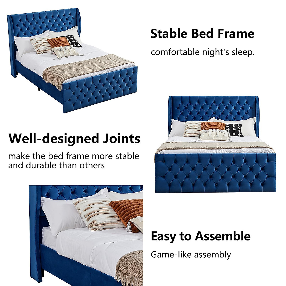 DUNTRKDU Queen Size Velvet Upholstered Platform Bed Frame with Button Tufted Headboard and Wingback, Wood Slat Support, No Box Spring Needed, Under Bed Storage (Blue)