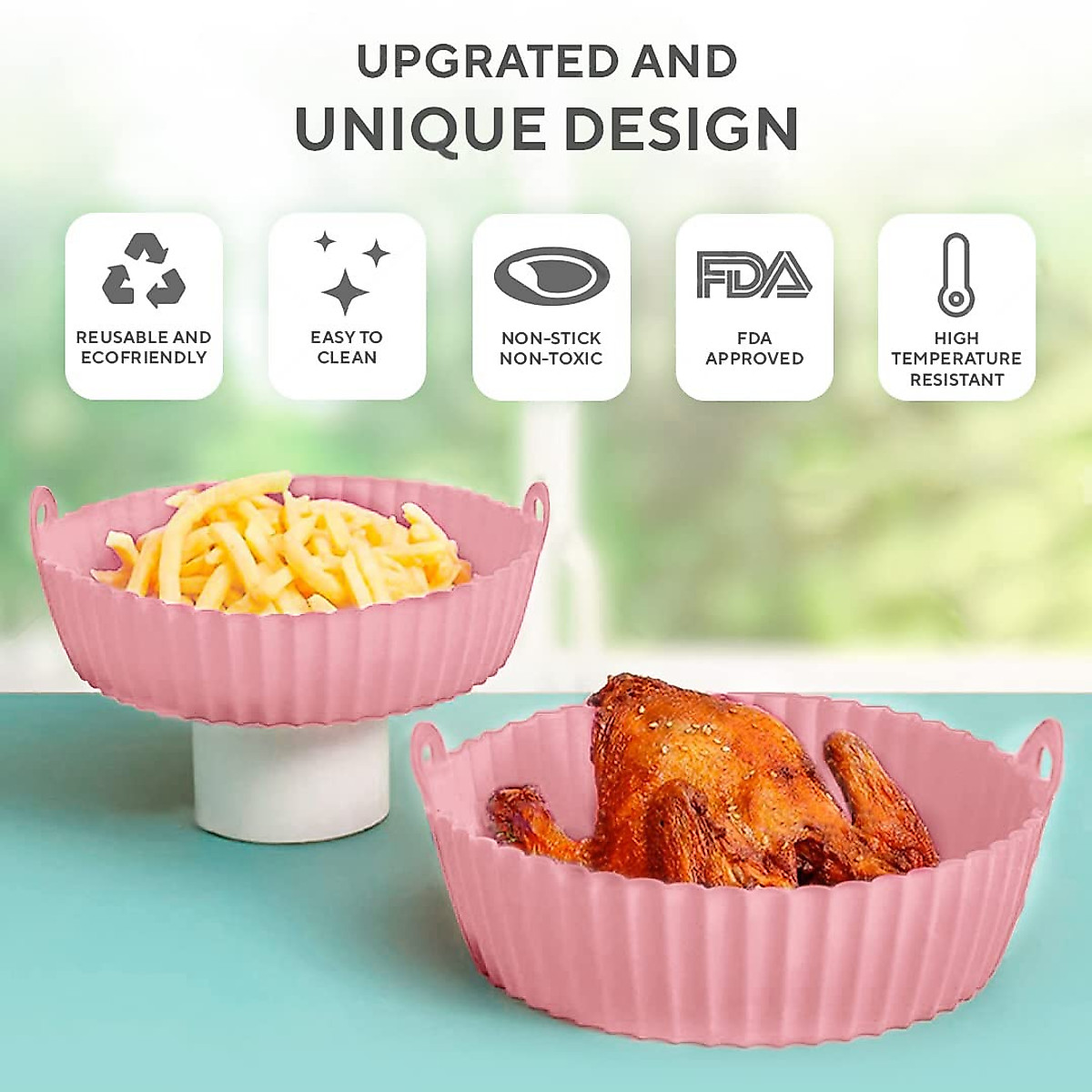 2 Pack Square and Round Air Fryer Silicone Liners | Silicone Air Fryer Liners Pot 2 to 5 QT Replacement of Parchment Paper Liners, Non-Stick, Food Grade, Oven Accessories Reusable Liners Pink + Grey