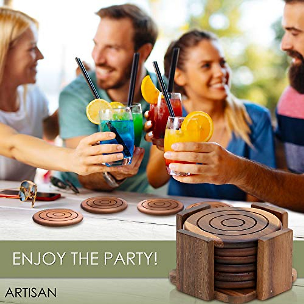 ARTISAN 6 Piece Round Acacia Wood Coaster Sets - Unique Rustic Wood Coasters for Drinks - Drink Cup Coaster Set - Absorbent Coasters with Holder for Coffee Table