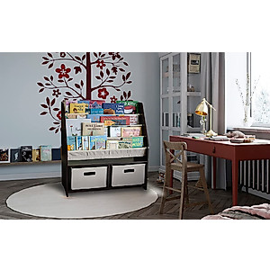 WONKAWOO Kids Sling Bookshelf Wooden Rack, 4 Levels of Canvas Slings for Large Children Books and 2 Storage Bin Boxes for Toys Organizer, Espresso Shelf with Natural Fabric Slings