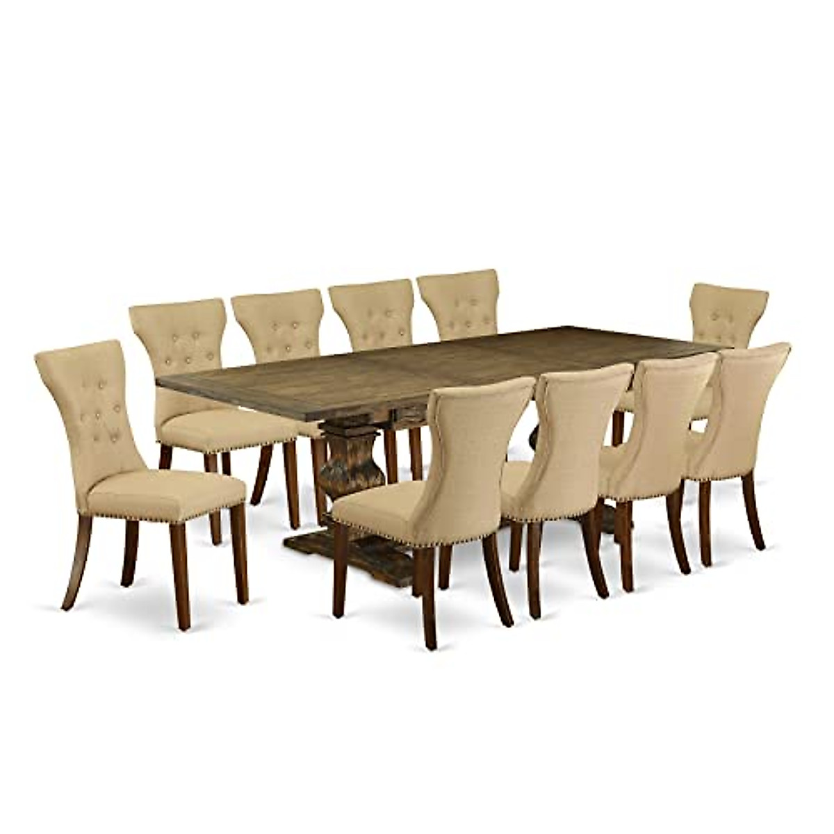 East West Furniture LAGA11-78-03 11 Piece Dining Table Set Includes a Rectangle Dining Room Table with Butterfly Leaf and 10 Brown Linen Fabric Upholstered Chairs, 42x92 Inch, Jacobean