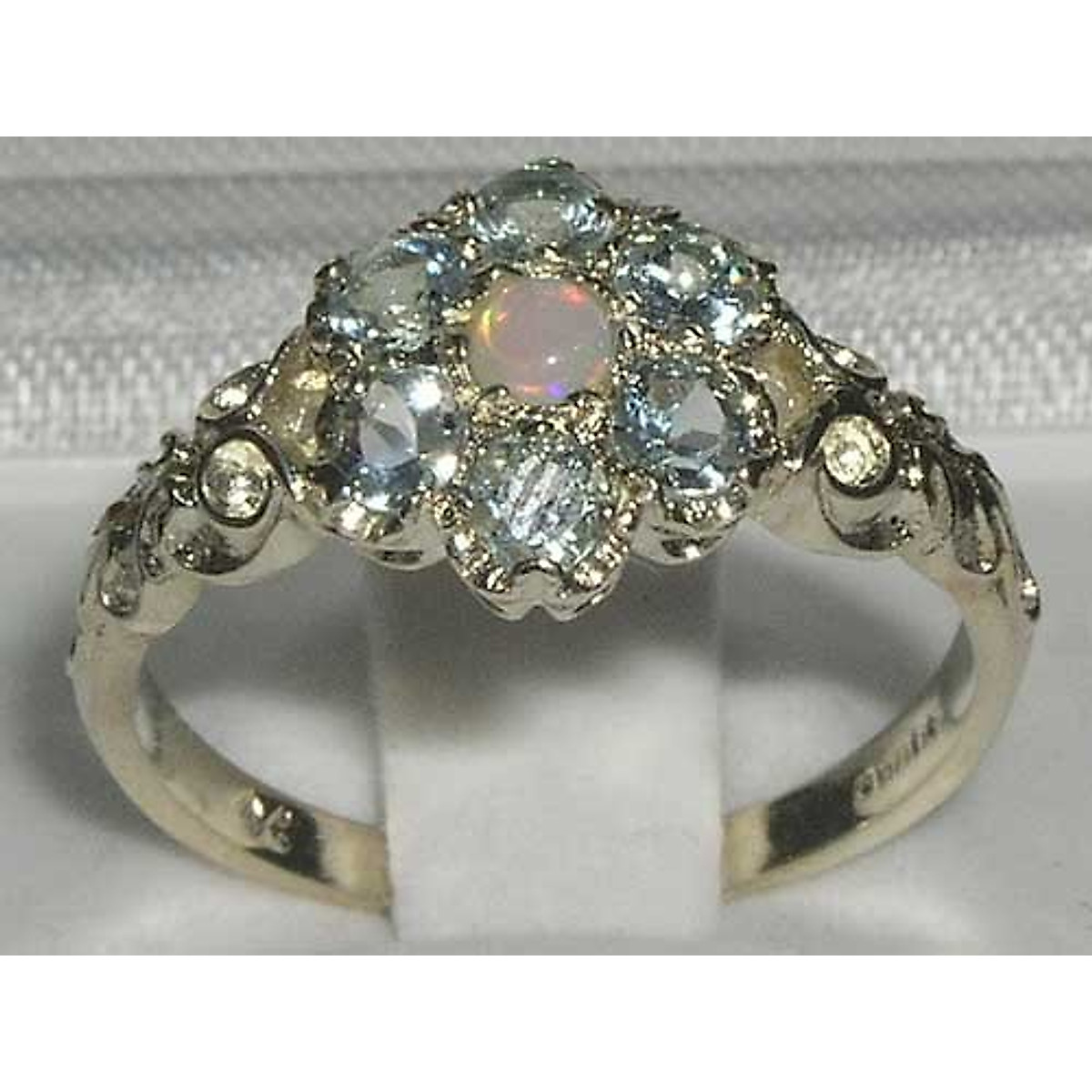 925 Sterling Silver Real Genuine Opal and Aquamarine Womens Anniversary Ring - Size 8