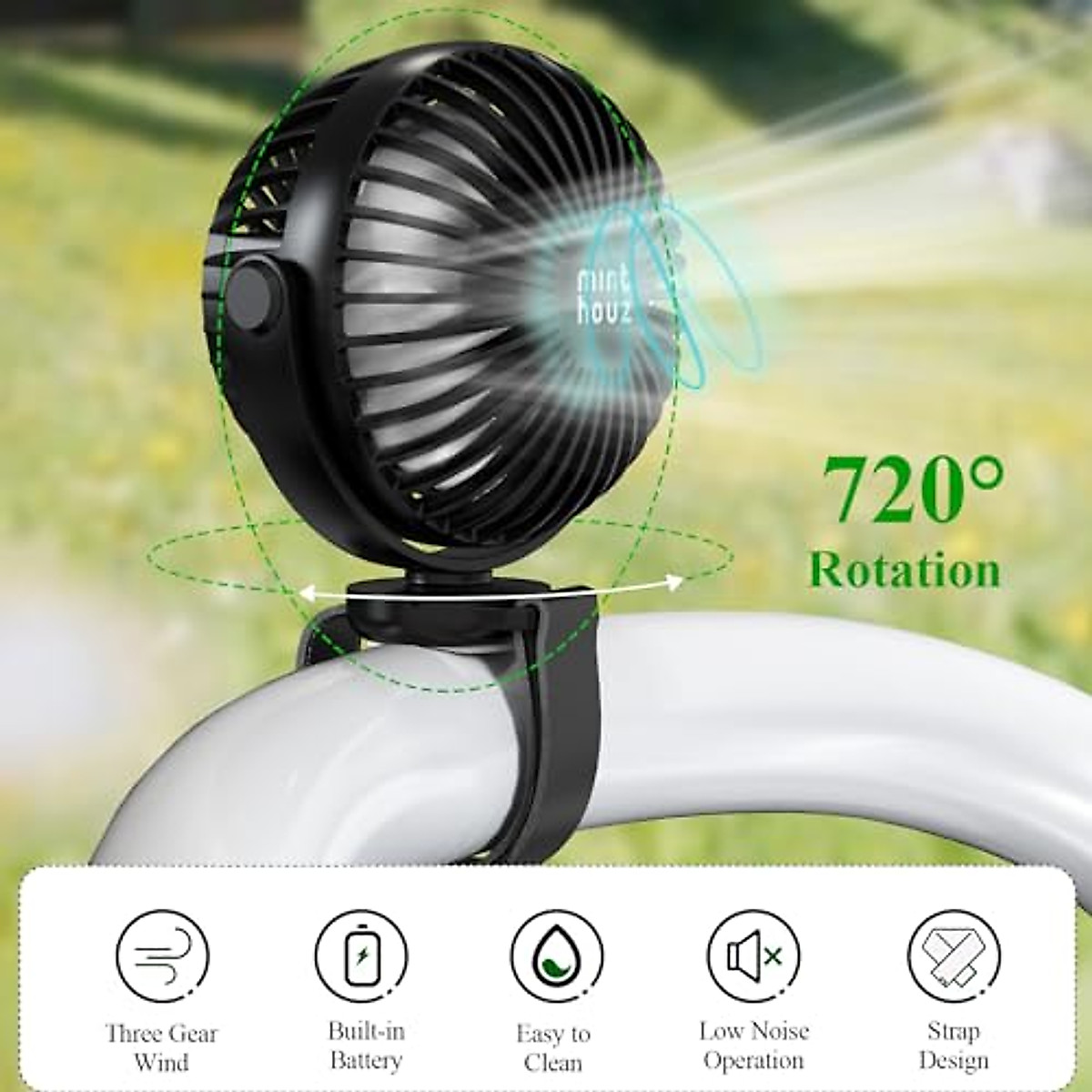 Minthouz Stroller Fan with Flexible Strap, 2000mAh Rechargeable Portable Fan 3 Speeds Personal Fan USB Mini Cooling Fan for Baby/Stroller/Car Seat/Bike -Black
