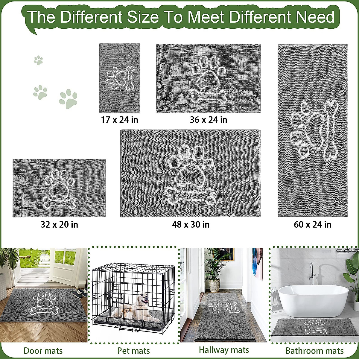 AROGAN Indoor Doormat, Front Door Mat 60"x24" Absorbent Rubber Backing Non Slip Door Mats, Machine Washable Chenille Door Mat for Muddy Shoes and Dog Paws Low Profile Rugs for Entryway, Grey