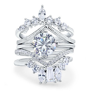 Blue Apple Co. Simulated Cubic Zirconia Size-10 Trio Set Wedding Ring Three Piece Bridal Set Marquise Round CZ 925 Sterling Silver