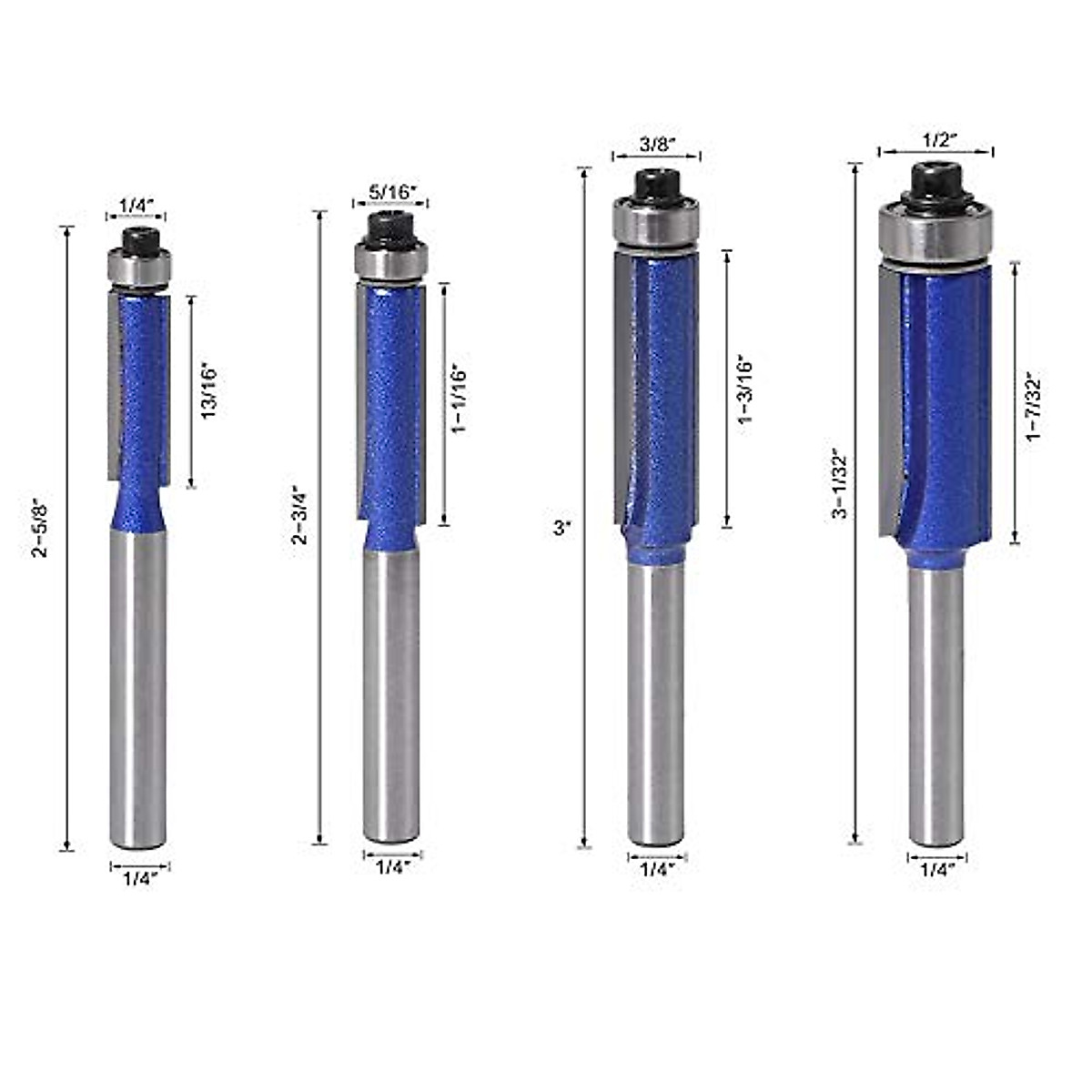 Wolfride 4PCS Flush Trim Router Bit Set 1/4 Inch Shank Top Bearing Flush Trim Router Bit