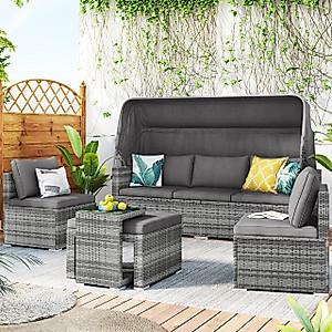 BIADNBZ 5 Pieces Wicker Patio Furniture Set, Outdoor Sectional Sofa PE Rattan Daybed with Retractable Canopy and Tempered Glass Side Table for Garden Poolside Backyard, Gray