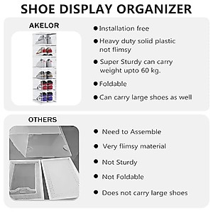 AKELOR 6 Tier Foldable Shoe Storage Boxes, Installation-free Clear Foldable Shoe Box, One-Piece Stackable Shoe Rack, Plastic Storage Shelves Collapsible Shoe Rack Organizer for Closet Bedroom