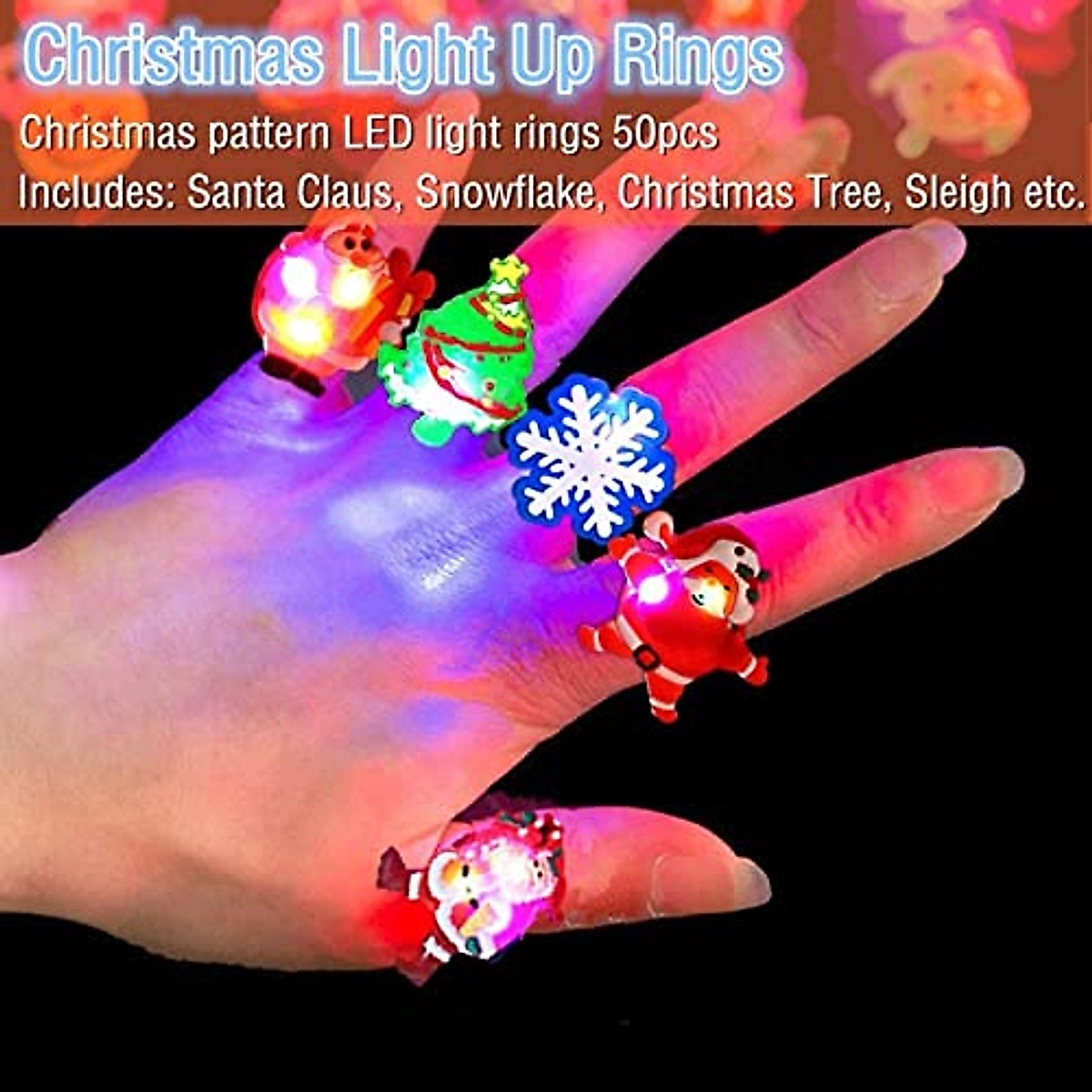 50PC Christmas Light Up Rings Party Favors for Kids, Glow In The Dark Christmas Party Supplies for Girls Boys, Christmas Stocking Goodie Bag Stuffers Fillers