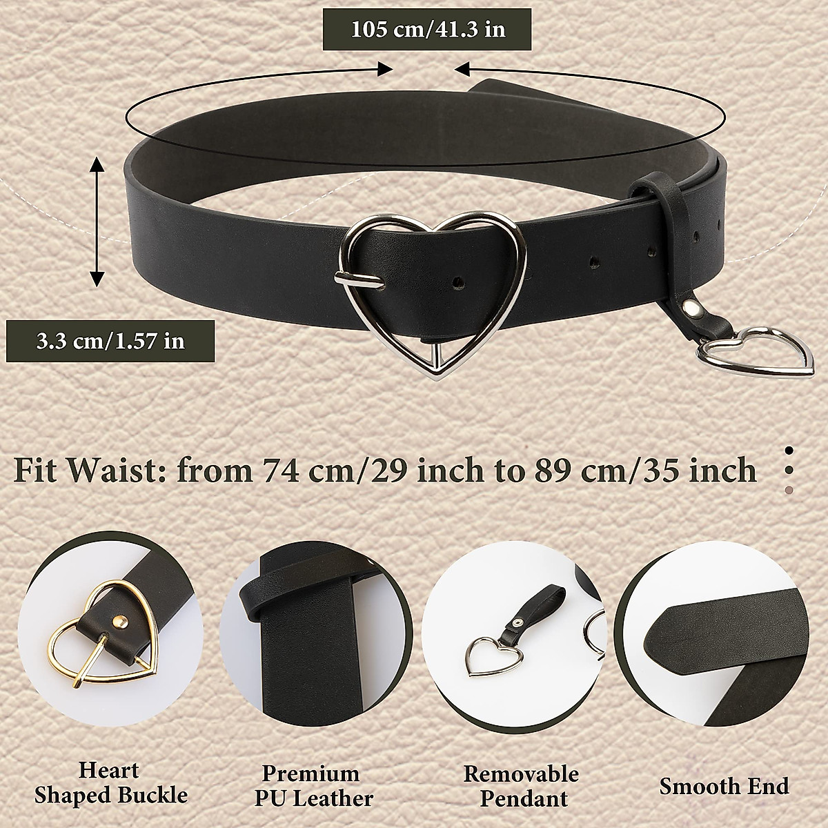 TXIN Heart-shaped Wide Black Belt with Silver Metal Buckle for Women Girls Students Jeans Shorts Ladies Dress