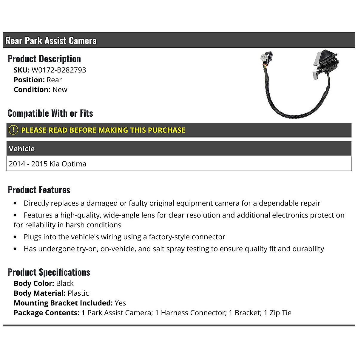 Rear Park Assist Camera - Black - Compatible with 2014-2015 Kia Optima