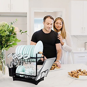 huspossesser Dish Drying Rack with Drainboard, 2 Tier Small Dish Rack, Dish Racks for Kitchen Counter, Stainless Steel Dish Drainer with Utensil Holder, Cup Rack and Cutlery Holder, Black