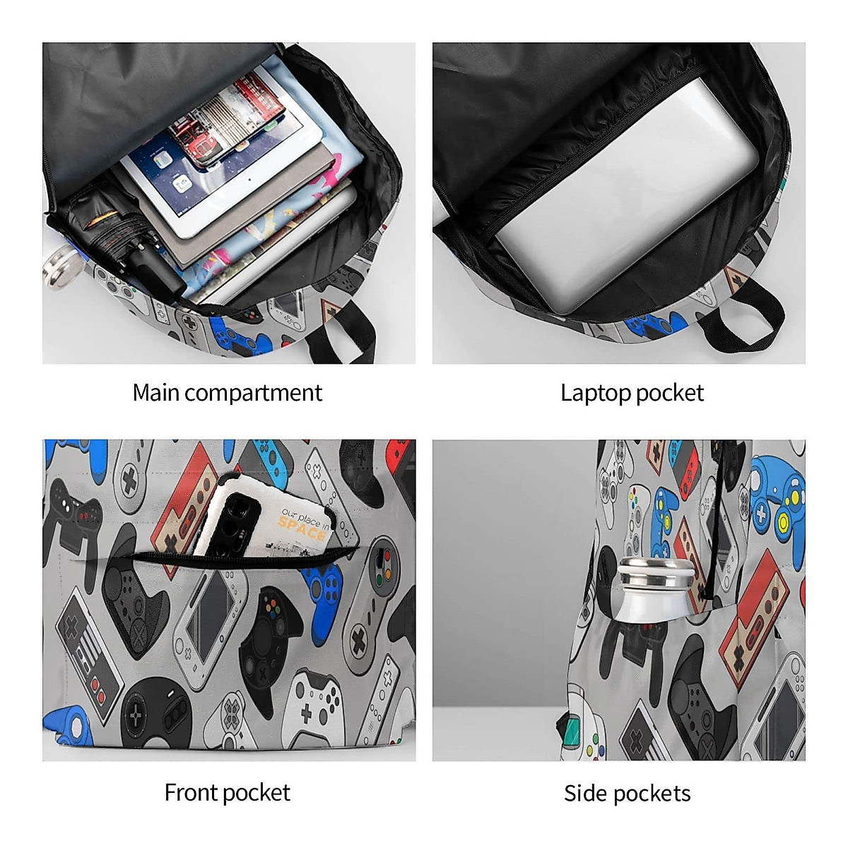 Oplp Video Game Controller Grey Background Large Capacity Backpack Colorful Gamepad Lightweight Personalized Laptop Bag Tablet Travel School Bag with Multiple Pockets