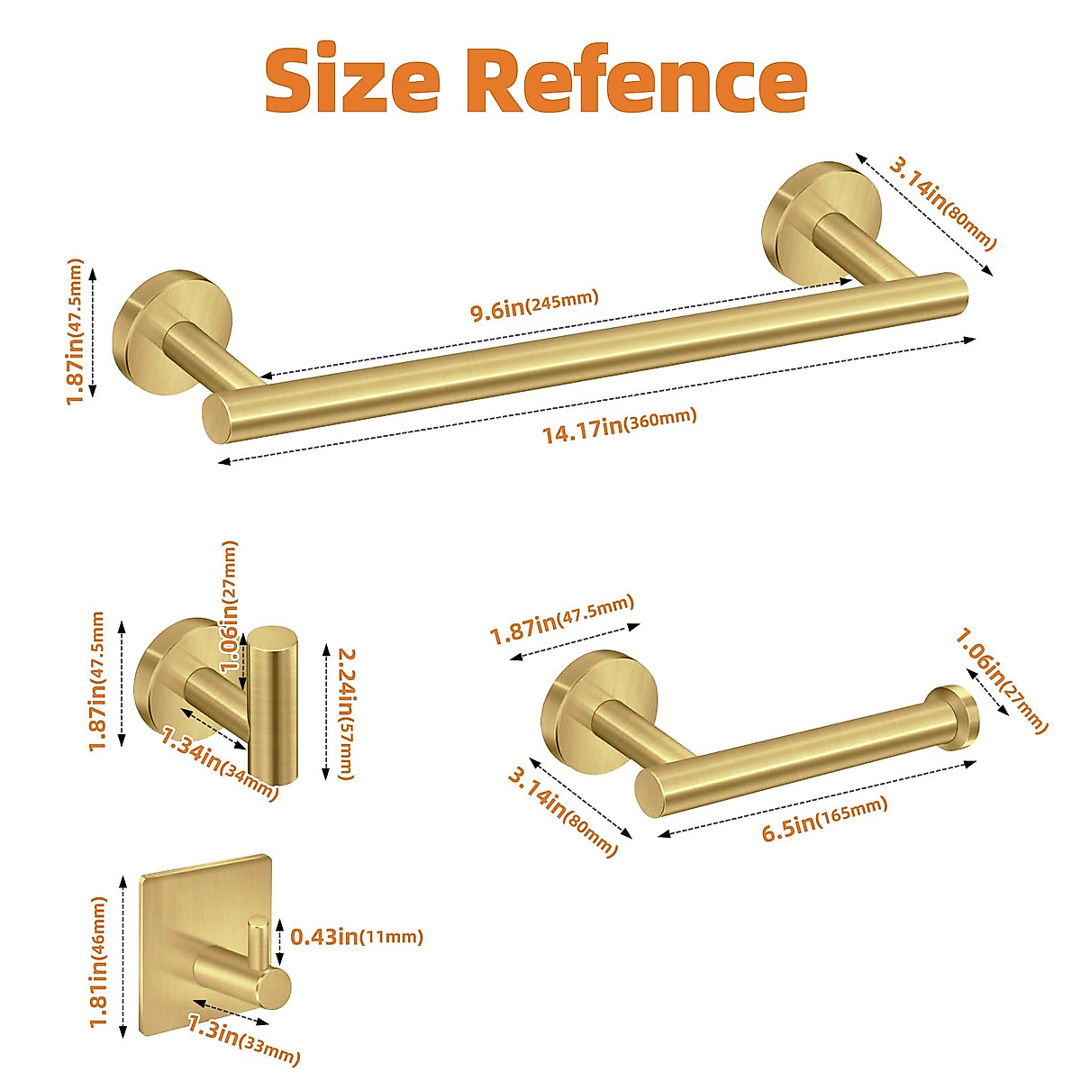 5 PCS Matte Black Bathroom Hardware Set,304 Stainless Steel Towel Rack Set Round Wall Mounted Includes 16" Hand Towel Bar,Toilet Paper Holder,3 Towel Hooks Bathroom Accessories Kit (Gold)