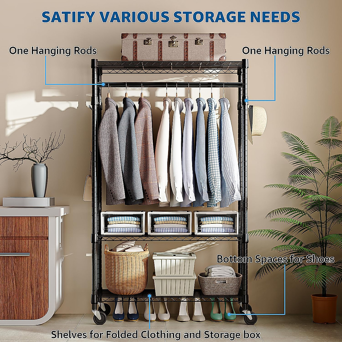 MZG Heavy Duty Rolling Garment Rack 3 Tiers Adjustable Wire Shelving Clothes Rack with Rods and Side Hooks,Storage Closet Clothing Rack with Wheels Black 15.7" D x 29.5" W x 74.5" H