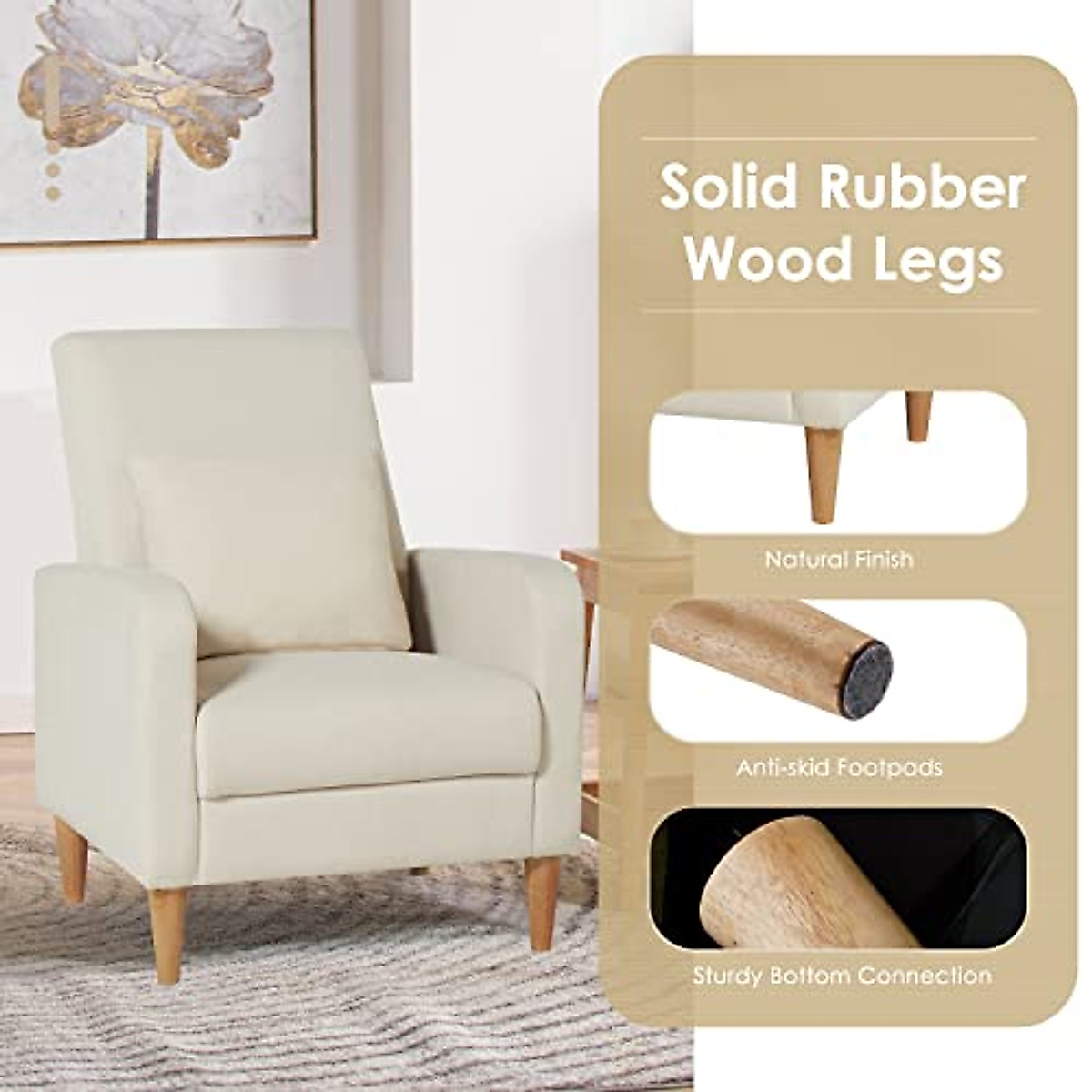 COLAMY Modern Upholstered Accent Chair Armchair with Pillow, Fabric Reading Living Room Side Chair,Single Sofa with Lounge Seat and Wood Legs,Beige