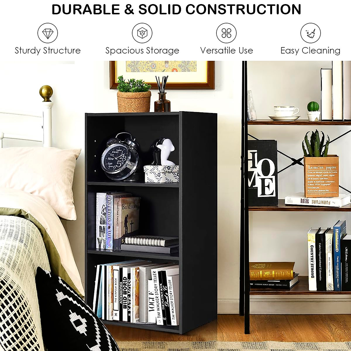 Giantex 2 Pieces 3 Shelf Bookcase Book Shelves Open Storage Cabinet Multi-Functional Home Office Bedroom Furniture Display Bookcases, Black