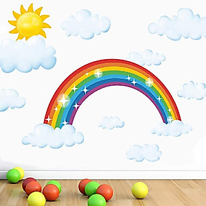 Large Sparkling Rainbow Wall Decal 21.6 x43.7inch, Rainbow Cloud Sun Wall Sticker, Peel and Stick Removable Rainbow with Sun Clouds Wall Stickers Wall Mural for Kids Nursery Bedroom