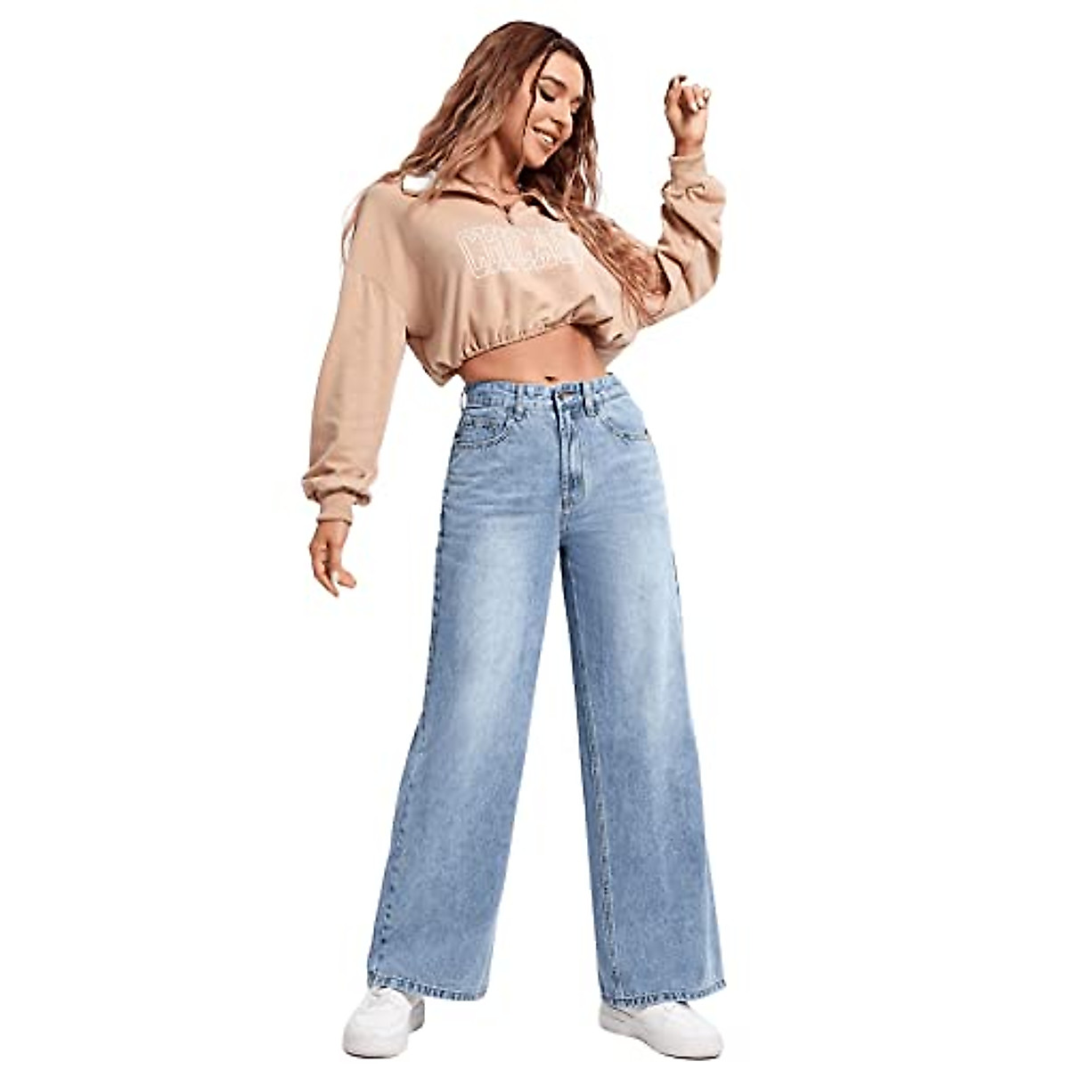 SweatyRocks Women's Casual High Waisted Distressed Ripped Jeans Wide Leg Denim Pants Light Blue S