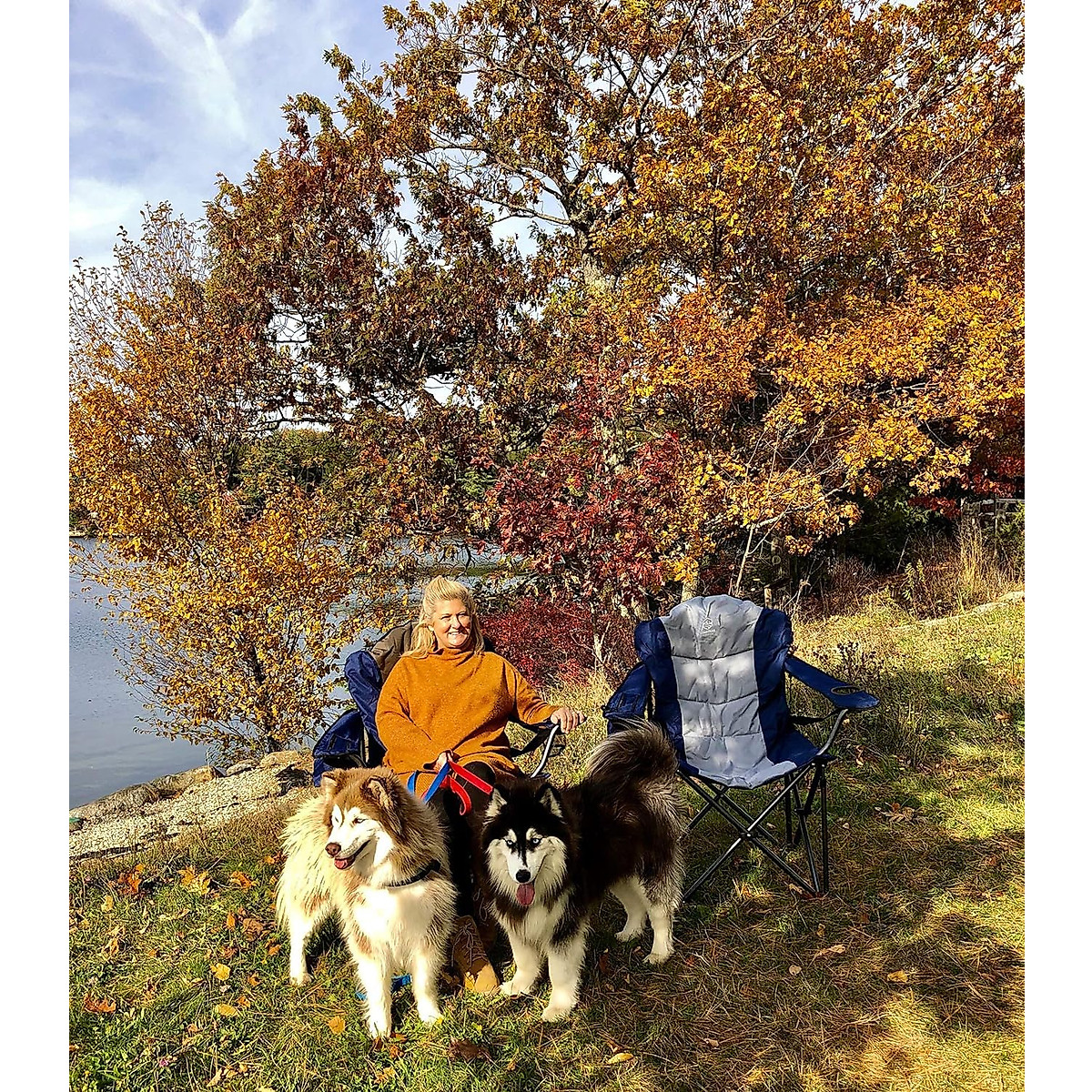 Coastrail Outdoor Camping Chair Oversized Padded Folding Quad Arm Chairs with Lumbar Back Support, Cooler Bag, Cup Holder & Side Pocket, Extra Head Pocket, Supports 400 lbs (Blue, Modern)