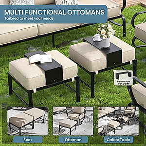 Amopatio PatioFurniture Set, Outdoor Metal Conversation Set Multifunctional Ottoman with Metal Cover, Outdoor Furniture Sets with 5.75" Extra Thick Cushion Include Waterproof Covers, Beige