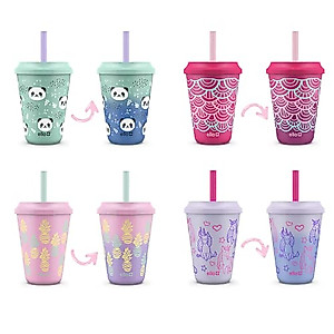 Ello Kids Plastic Reusable Color Changing Cups with Twist on Splash-Proof Lids and Straw, BPA Free, Dishwasher Safe, 12oz, Fruit Pop, 10 Pack