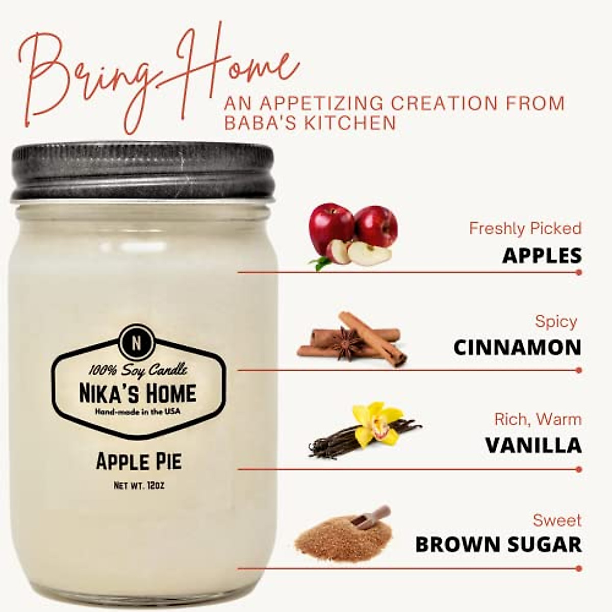 Nika's Home Apple Pie Soy Candle 12oz Mason Jar Non-Toxic White Soy Handmade, Long Burning 50-60 Hours Highly Scented All Natural, Clean Burning Large Candle Gift Décor