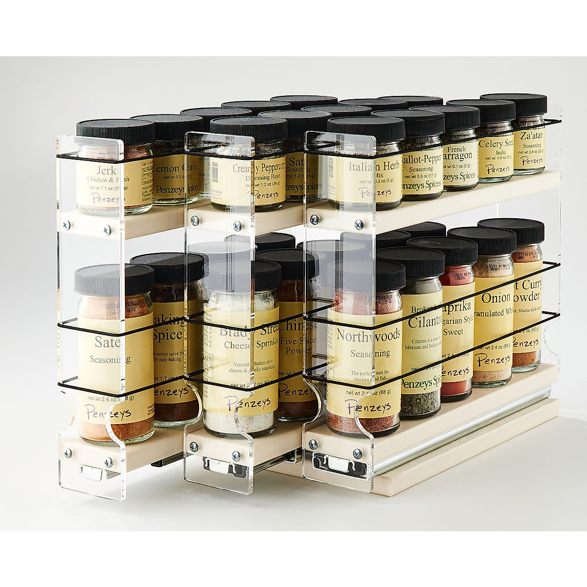 Vertical Spice Cabinet Mounted Spice Rack Drawer - Pull Out Cabinet Organizer - Cupboard Organizers & Storage - Pantry Shelf -45 Half Sized Jars, 3 Drawers, 2 Tiers (6.9" W x 9.25" H x 10.6" D, Cream)