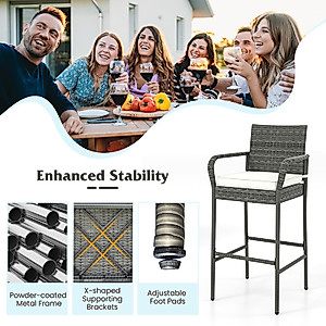 HAPPYGRILL Rattan Bar Chairs Set of 4, Outdoor PE Rattan Bar Stools with Armrests & Seat Cushions, Patio PE Wicker Bar Chairs with 30 Inch Seat Height & 400 LBS Load Capacity for Porch Backyard